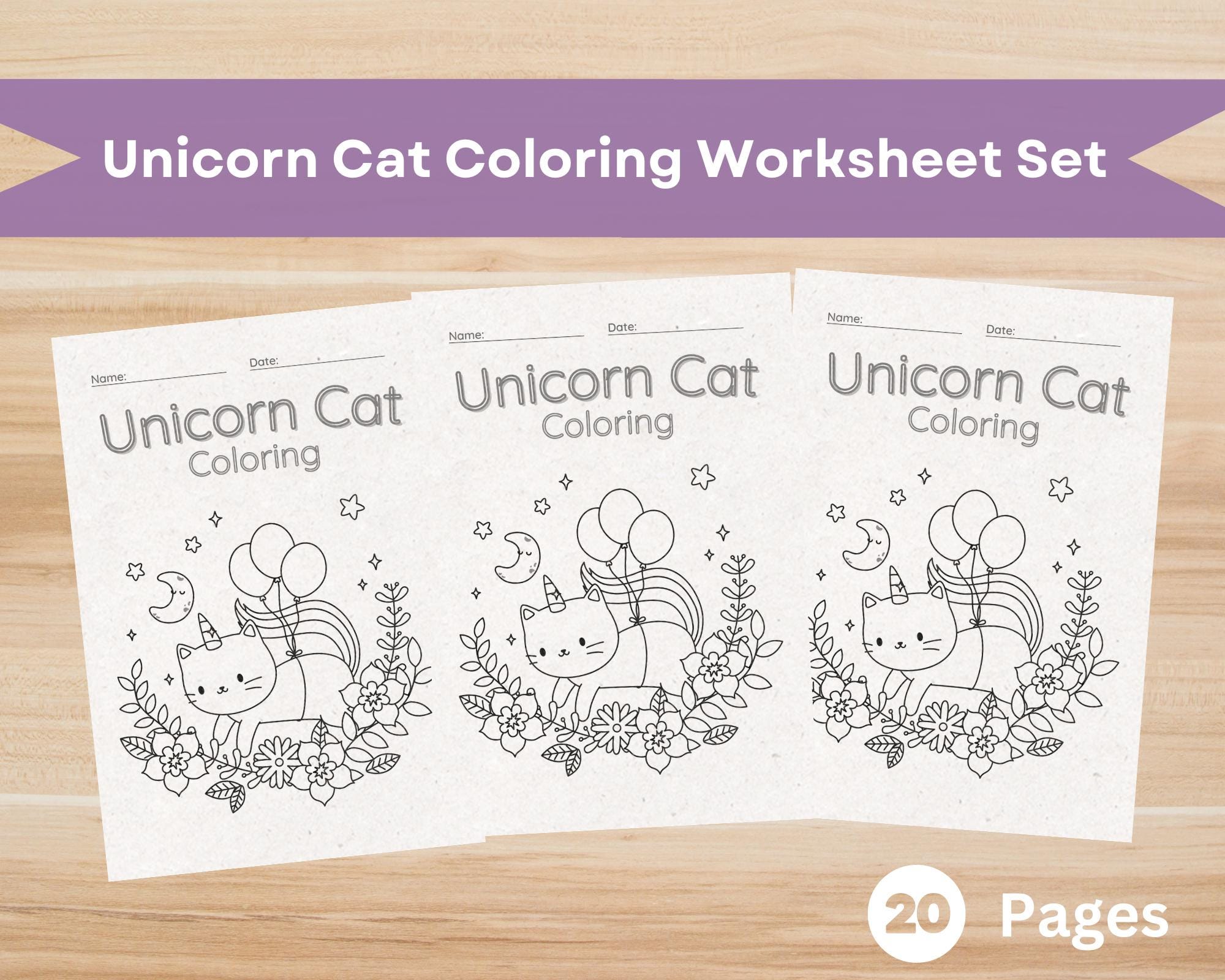 Unicorn Cat Coloring Worksheet Set - Etsy
