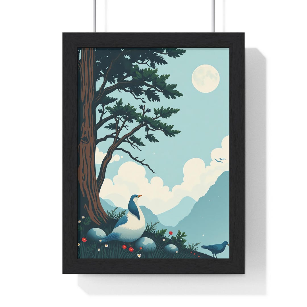 Spring Landscape Painting of Birds, Tree and Mountains in the Horizon ...