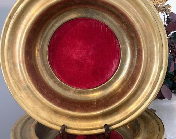 Vintage Brass Church Collection Plates With Liturgical Red Velvet ...