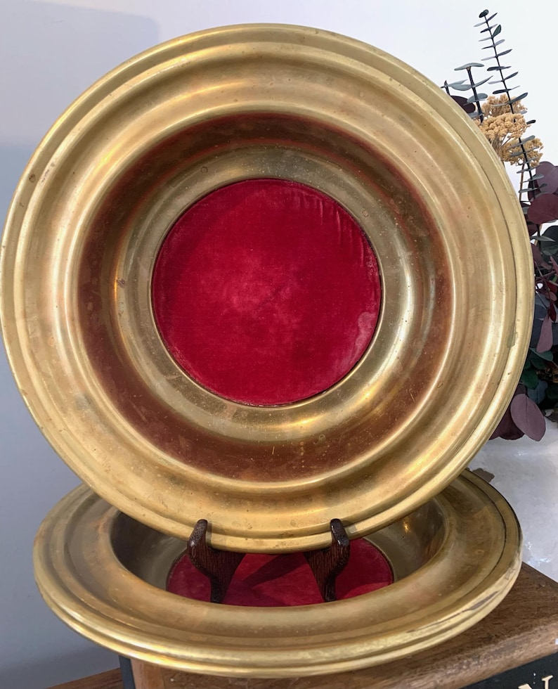 Vintage Brass Church Collection Plates With Liturgical Red Velvet ...