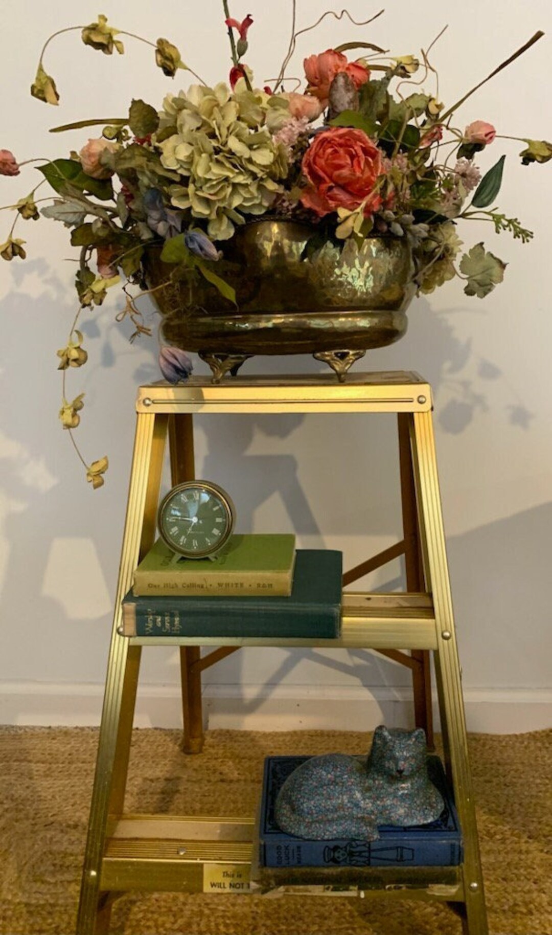 Vintage Gold Tone Aluminum Stepladder White Textured Steps Folding ...