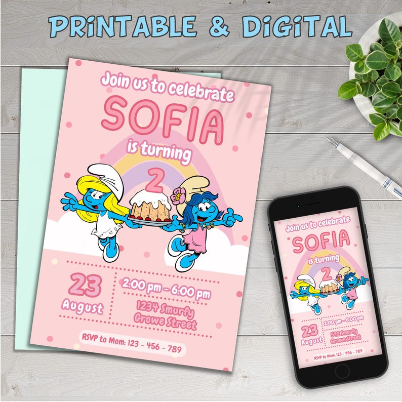 Smurfs Birthday Invitation Editable Template, Canva Editable Birthday ...