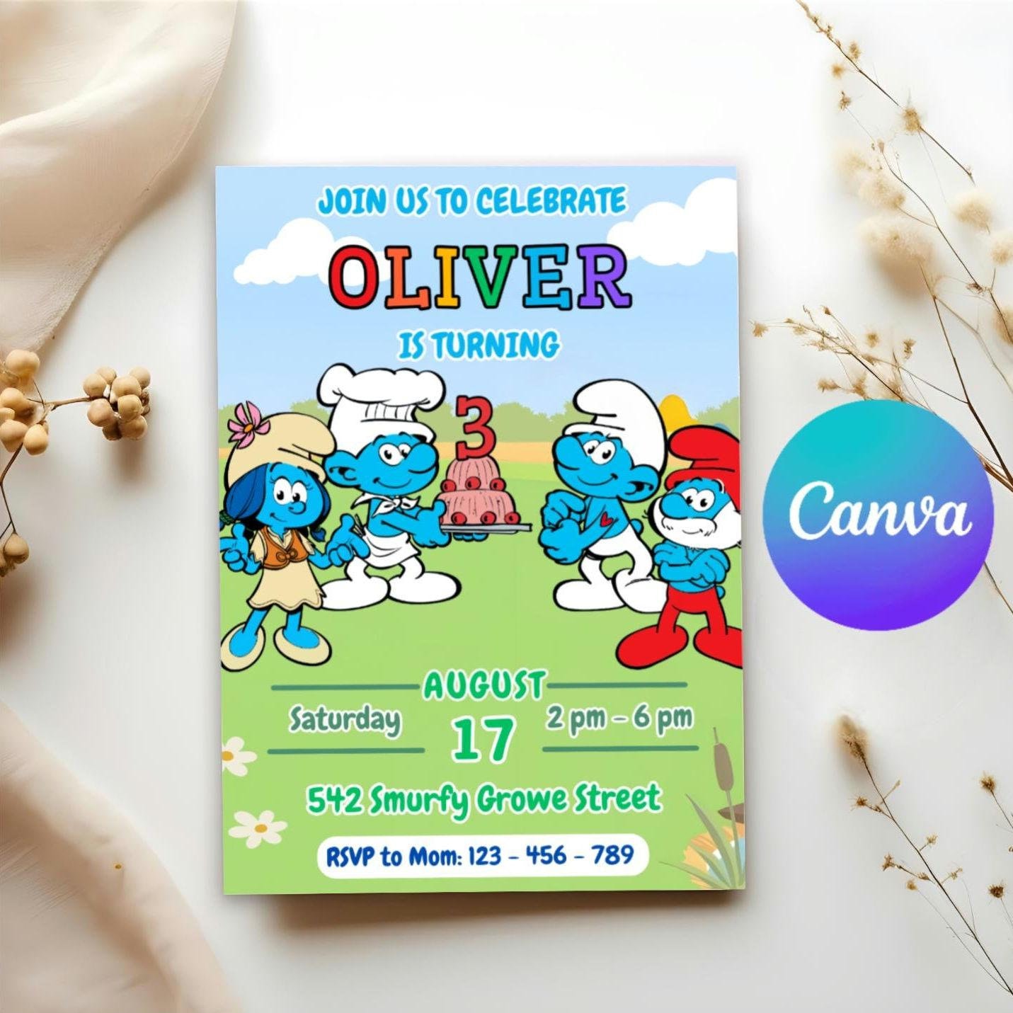 Editable Smurfs Birthday Invitation Digital,printable Smurf Birthday ...