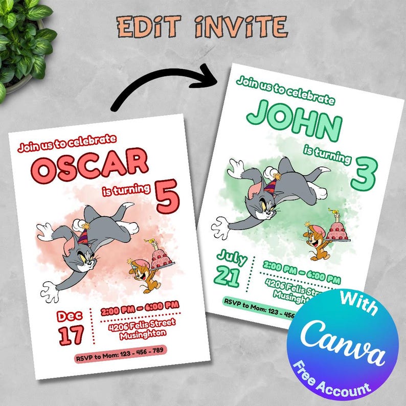 Tom and Jerry Birthday Invitation, Children's Party Invite Printable ...