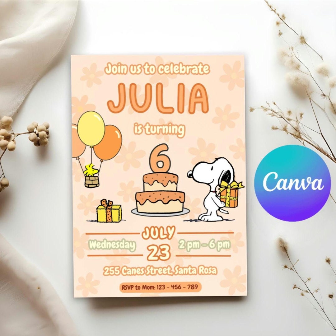 Snoopy Birthday Invitation Editable Template, Canva Birthday Invitation ...