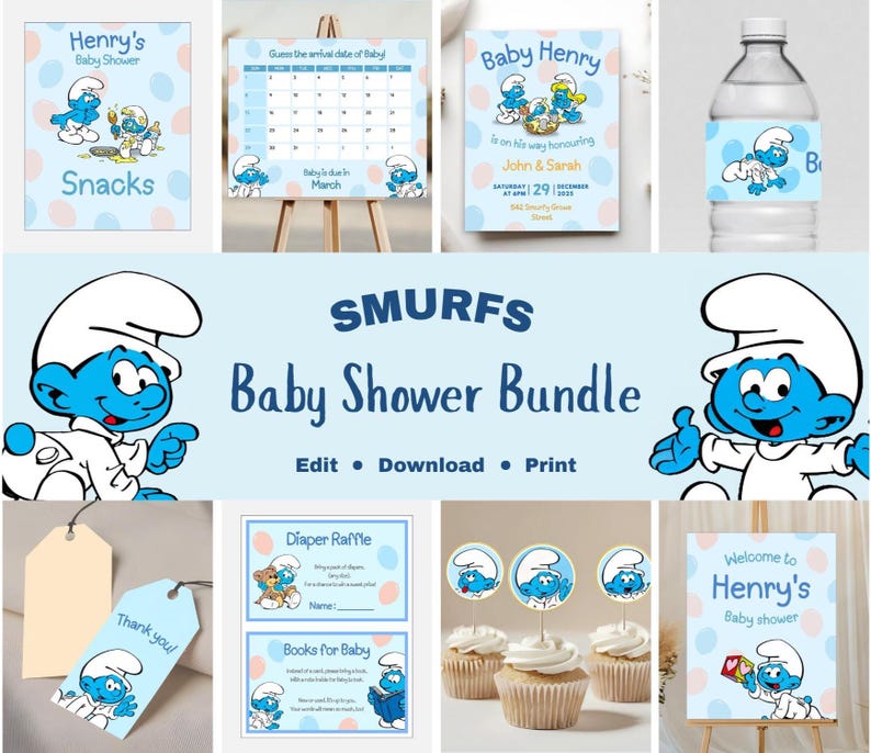 Smurfs Baby Shower Bundle | Baby Shower Smurf Invitation | Baby Smurf ...
