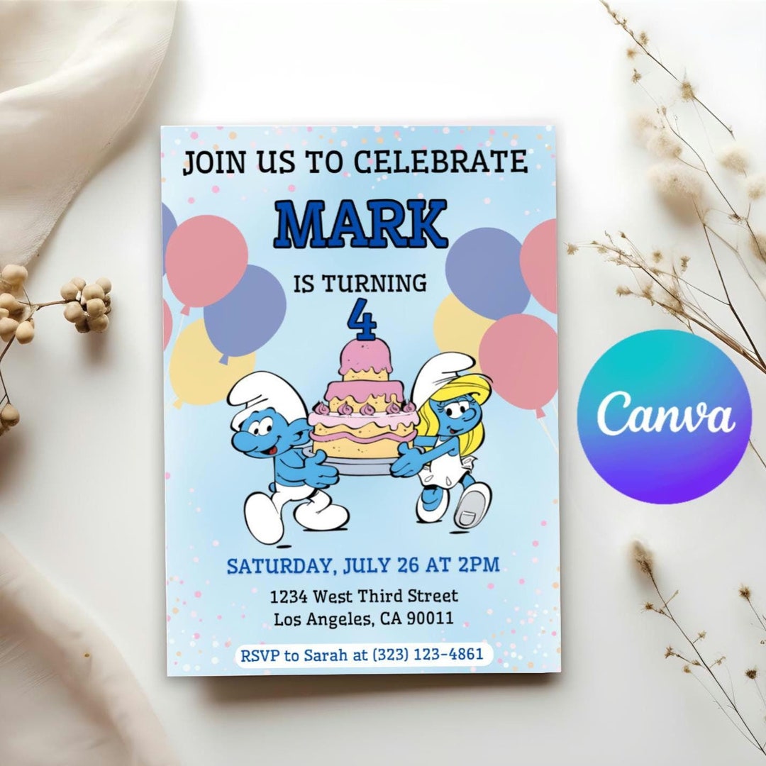 Smurfs Birthday Invitation Editable Template, Canva Editable Birthday ...