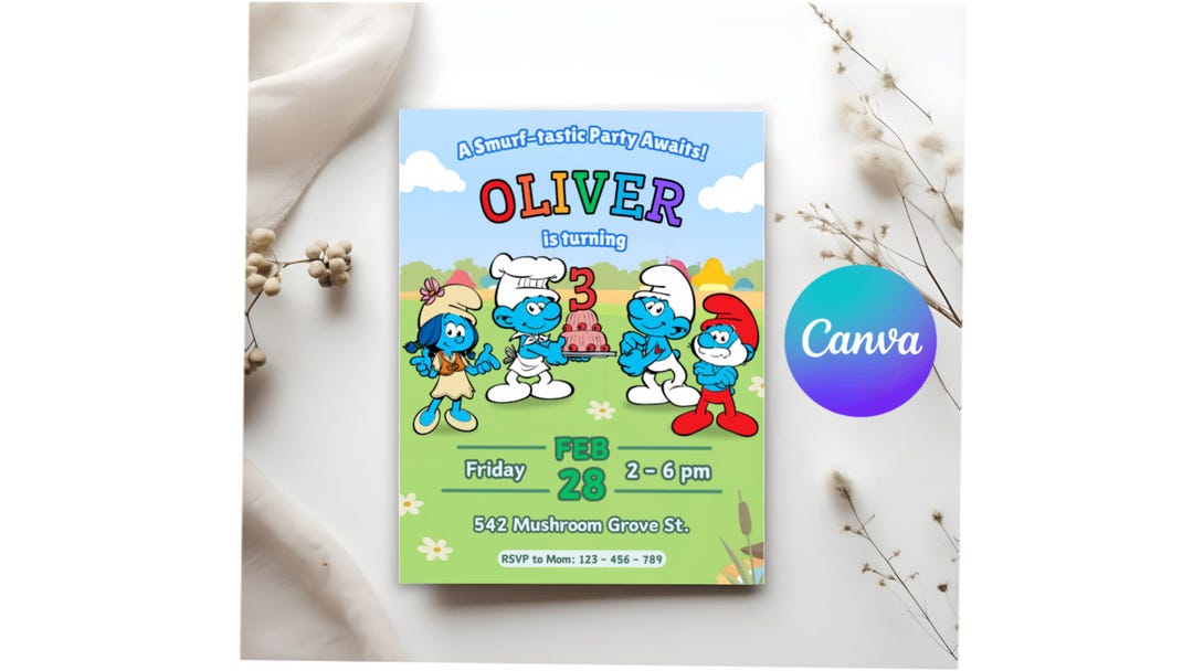 Editable Smurfs Birthday Invitation Digital,printable Smurf Birthday ...