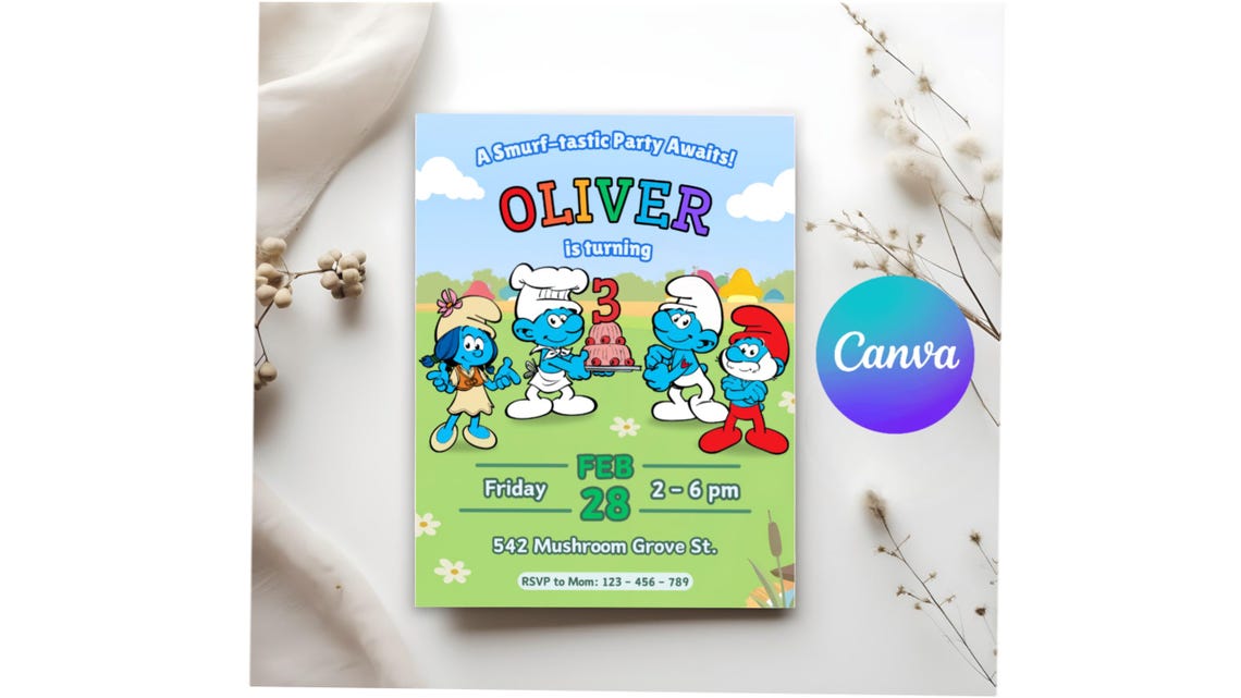 Editable Smurfs Birthday Invitation Digital,printable Smurf Birthday ...