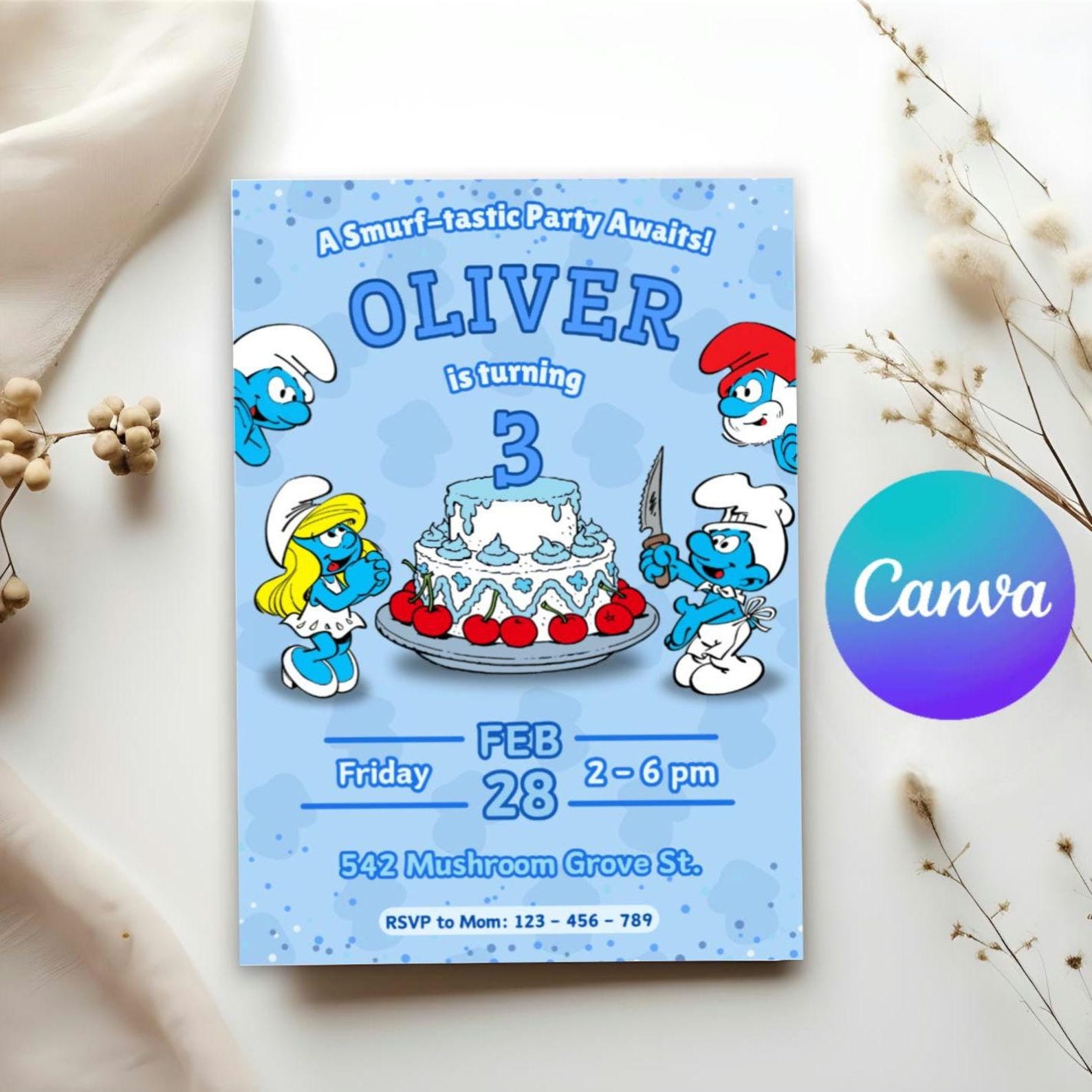 Smurfs Birthday Invitation Editable Template, Canva Editable Birthday ...