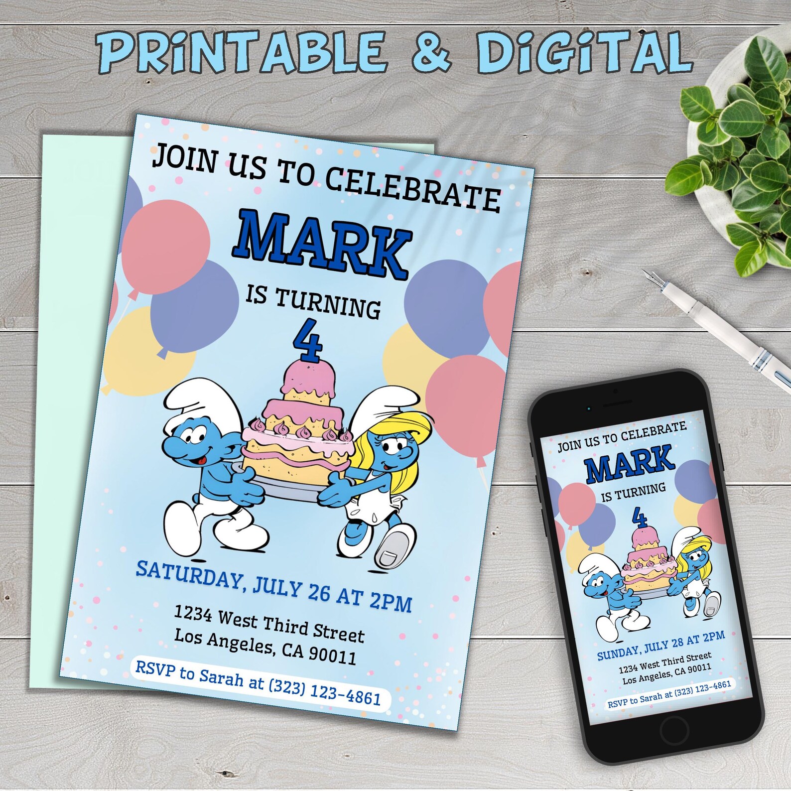 Smurfs Birthday Invitation Editable Template, Canva Editable Birthday ...