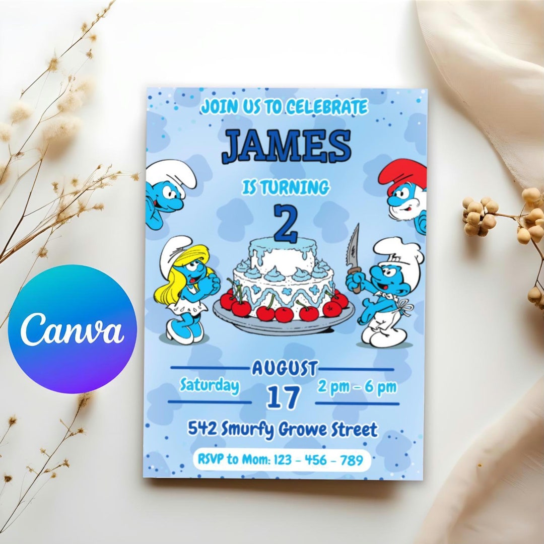 Smurfs Birthday Invitation Editable Template, Canva Editable Birthday ...