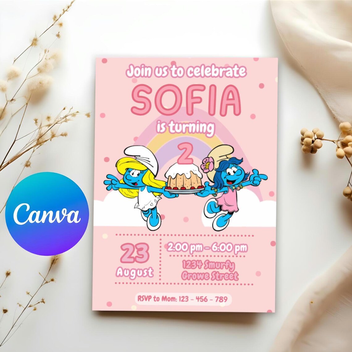 Smurfs Birthday Invitation Editable Template, Canva Editable Birthday ...