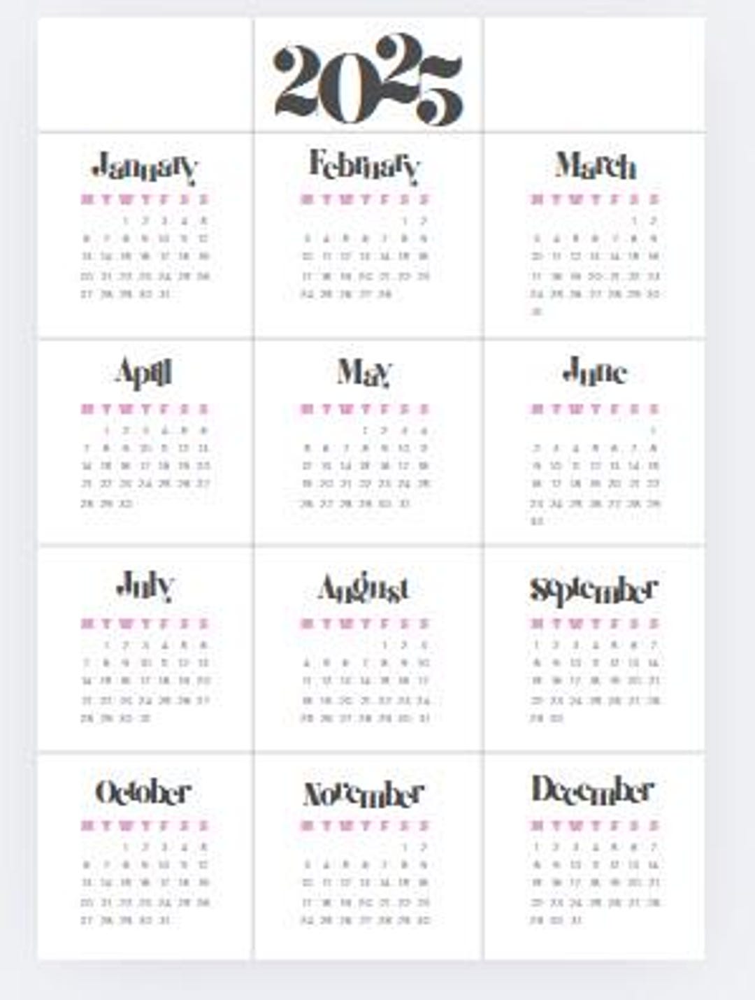 2025 Digital Calendar | Minimalist Planner Template | Printable Monthly ...