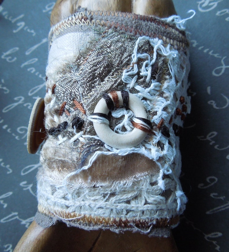 Creme White Upcycled Fabric Textile Bohemian Wrist Cuff Bracelet With ...