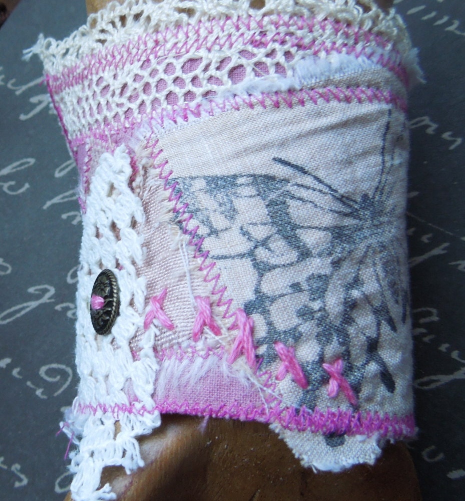 Pink Shabby Chic Textile Cuff With Butterfly | Etsy