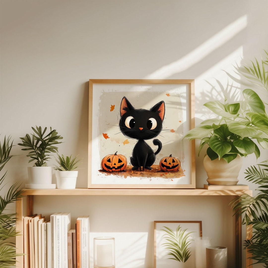Adorable Black Cat Halloween Fall Decor Illustration Cartoon Canvas ...