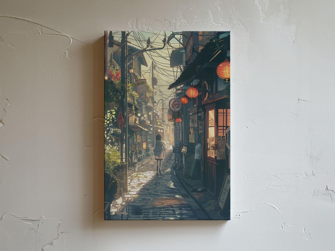A Walk Home Japanese Street Sunset Scene Digital Painting Canvas Wall ...