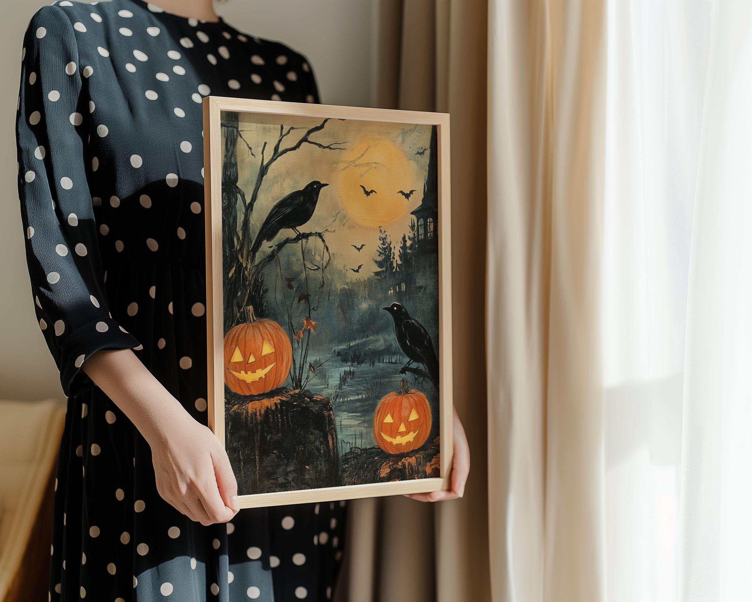 On Halloween Night Vintage Painting Crows Pumpkins Spooky Haunted Full ...