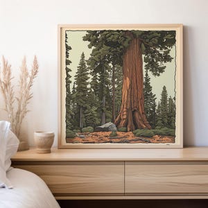 Red Wood Sequoia Forest Earthy Line Art Illustration Canvas Print Wall ...