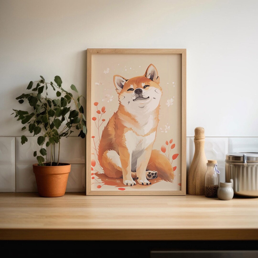 Adorable Smiling Shiba Inu Dog Illustration Minimalist Canvas Wall ...