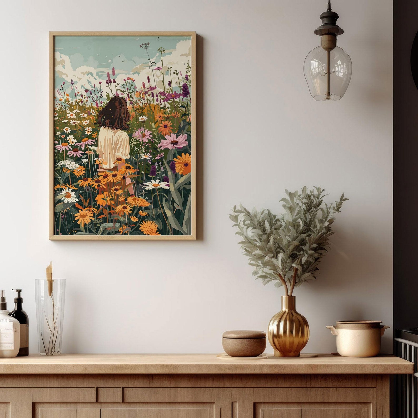 Boho Cottagecore Illustration of Girl Surrounded by Field of ...