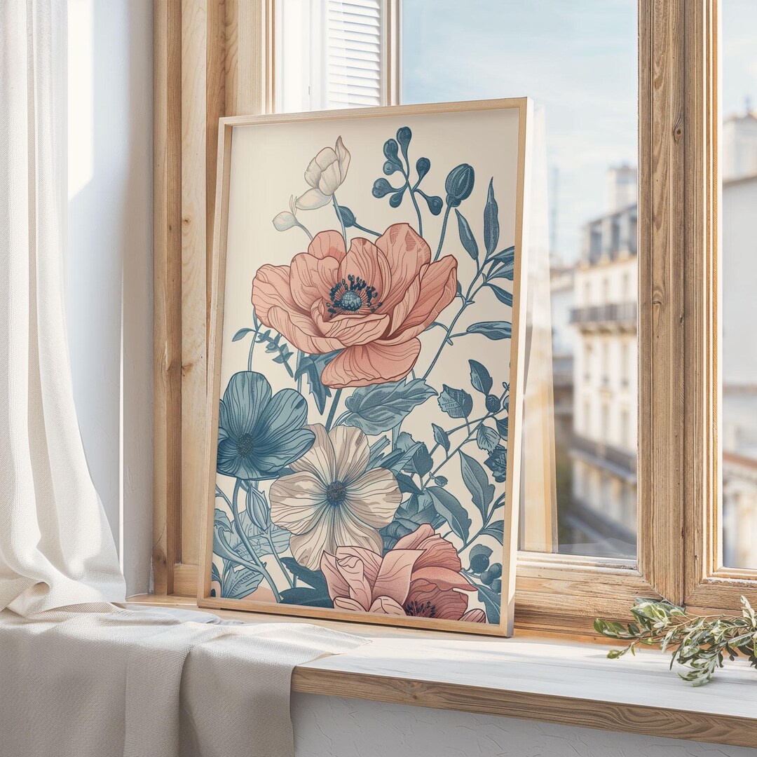 Vintage Floral Drawing Illustration Retro Canvas Wall Decor - Etsy