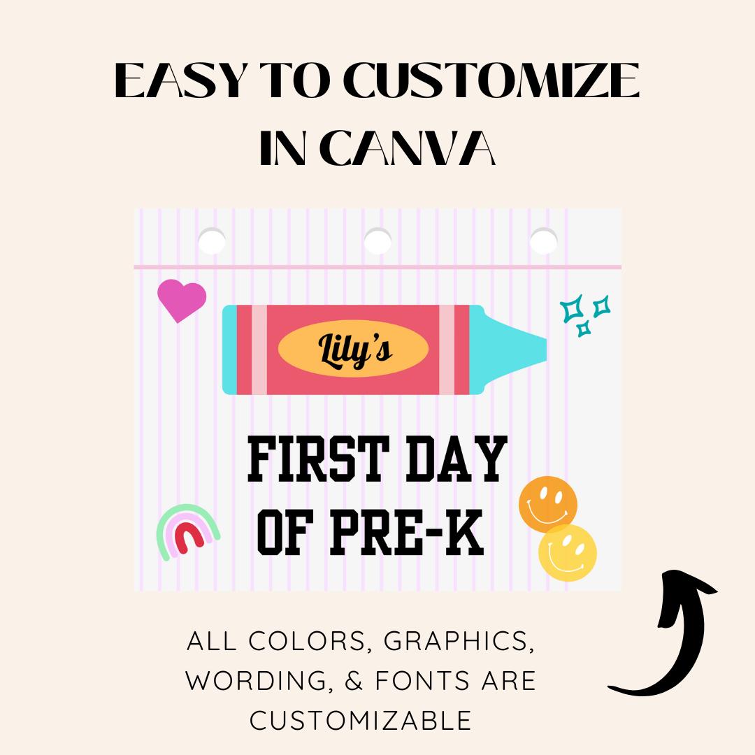 First Day of Pre-k Sign: Back to School Photo Prop, Editable Template ...