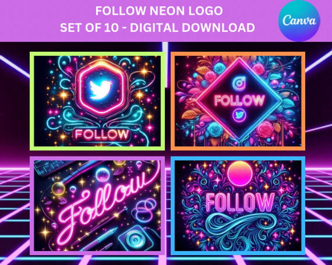 Follow Neon Logo Set | Social Media Art | Professional Channel Logo ...