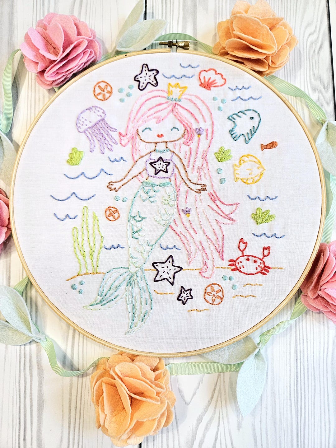 Mermaid Hand Embroidery PDF Pattern. Ocean Themed Embroidery Design ...