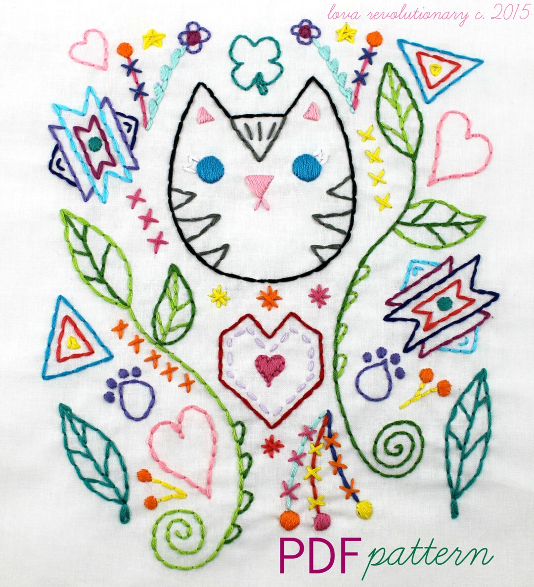 Kitty Cat Hand Embroidery Pattern: Whimsical Floral Design (PDF Pattern ...