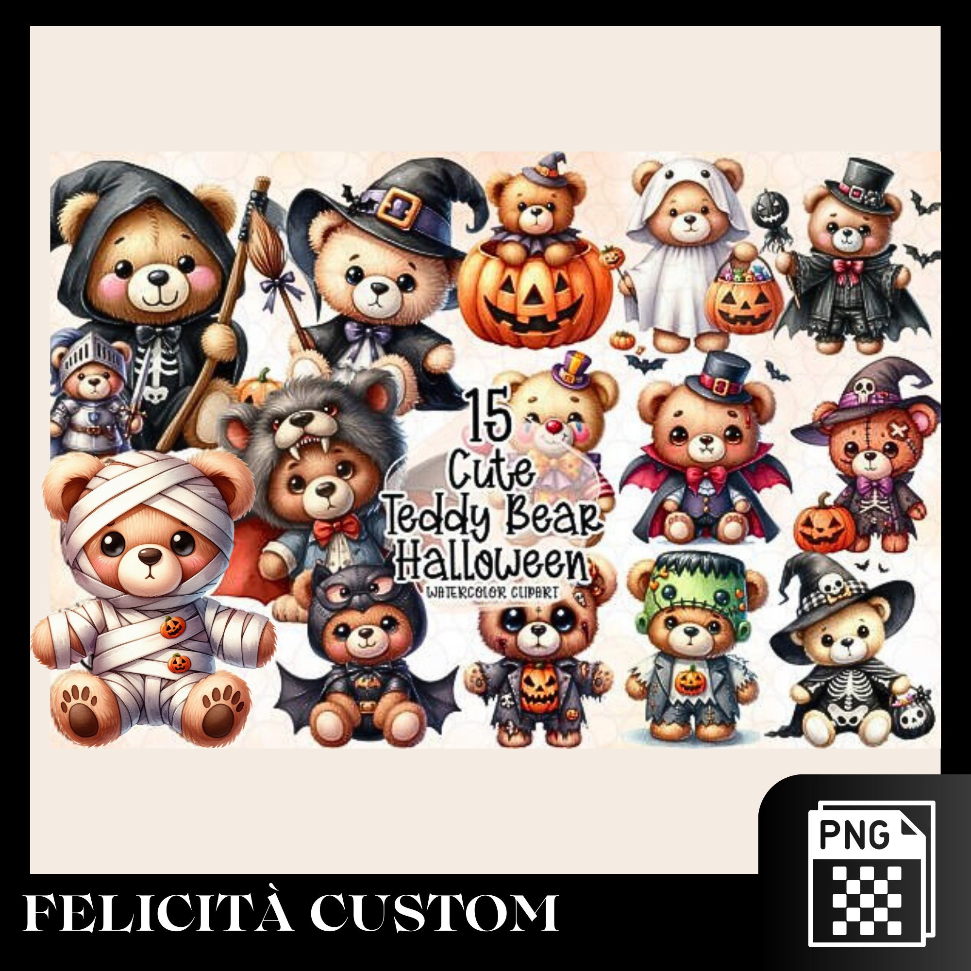 Cute Teddy Bear Halloween Clipart PNG I Digital Download I Halloween ...
