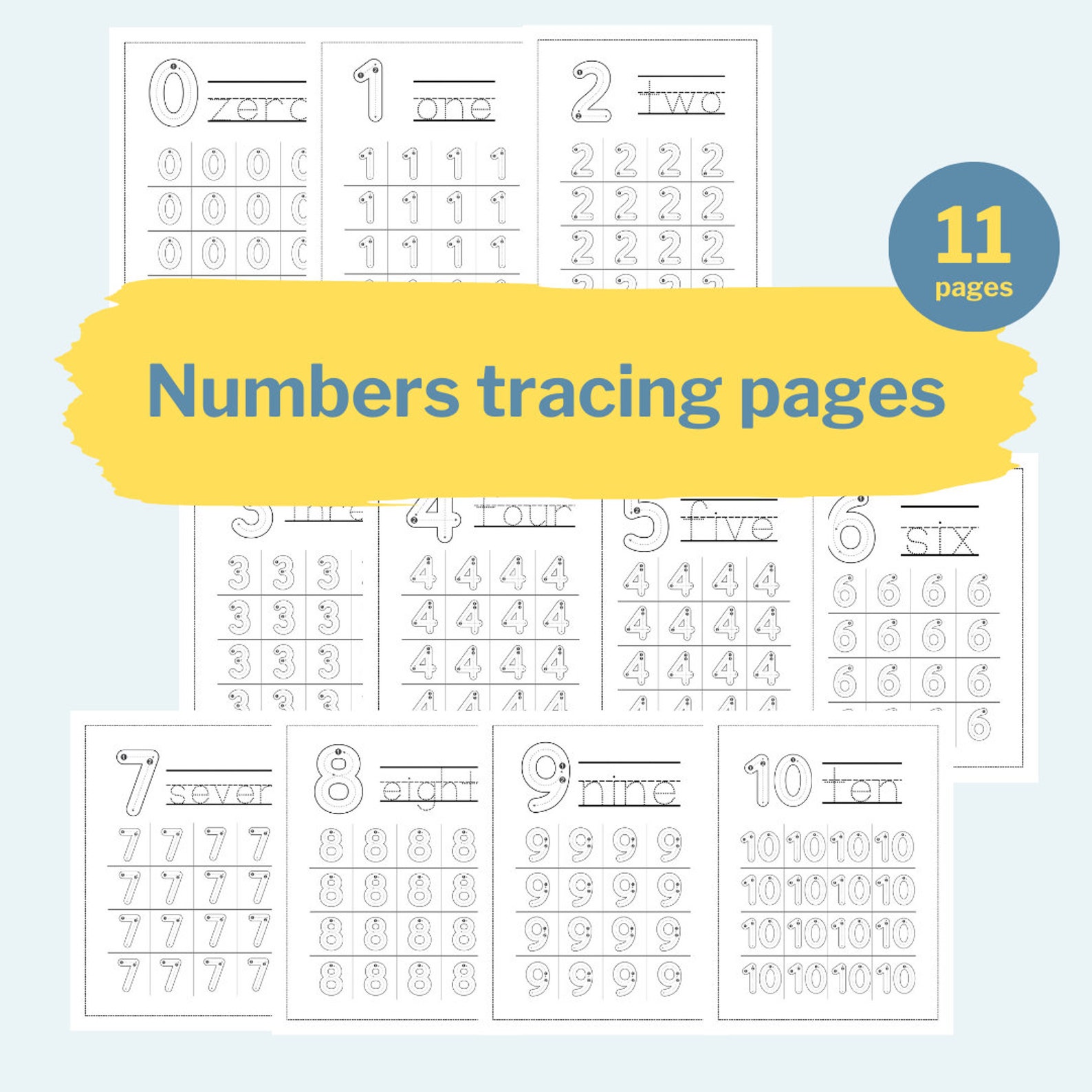11 Numbers Tracing Pages, Numbers Flashcard, Coloring Page, Numbers ...