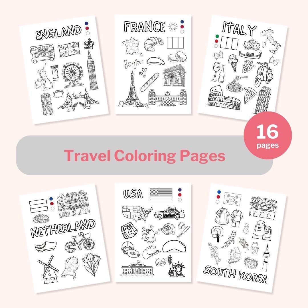 16 Printable Travel Theme Coloring Pages Worksheet Digital Fun ...