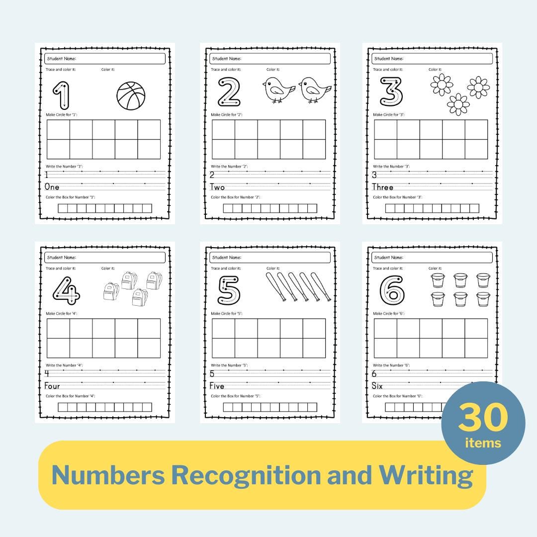 30 Printable Number Recognition and Writing Pages With Coloring Fun ...