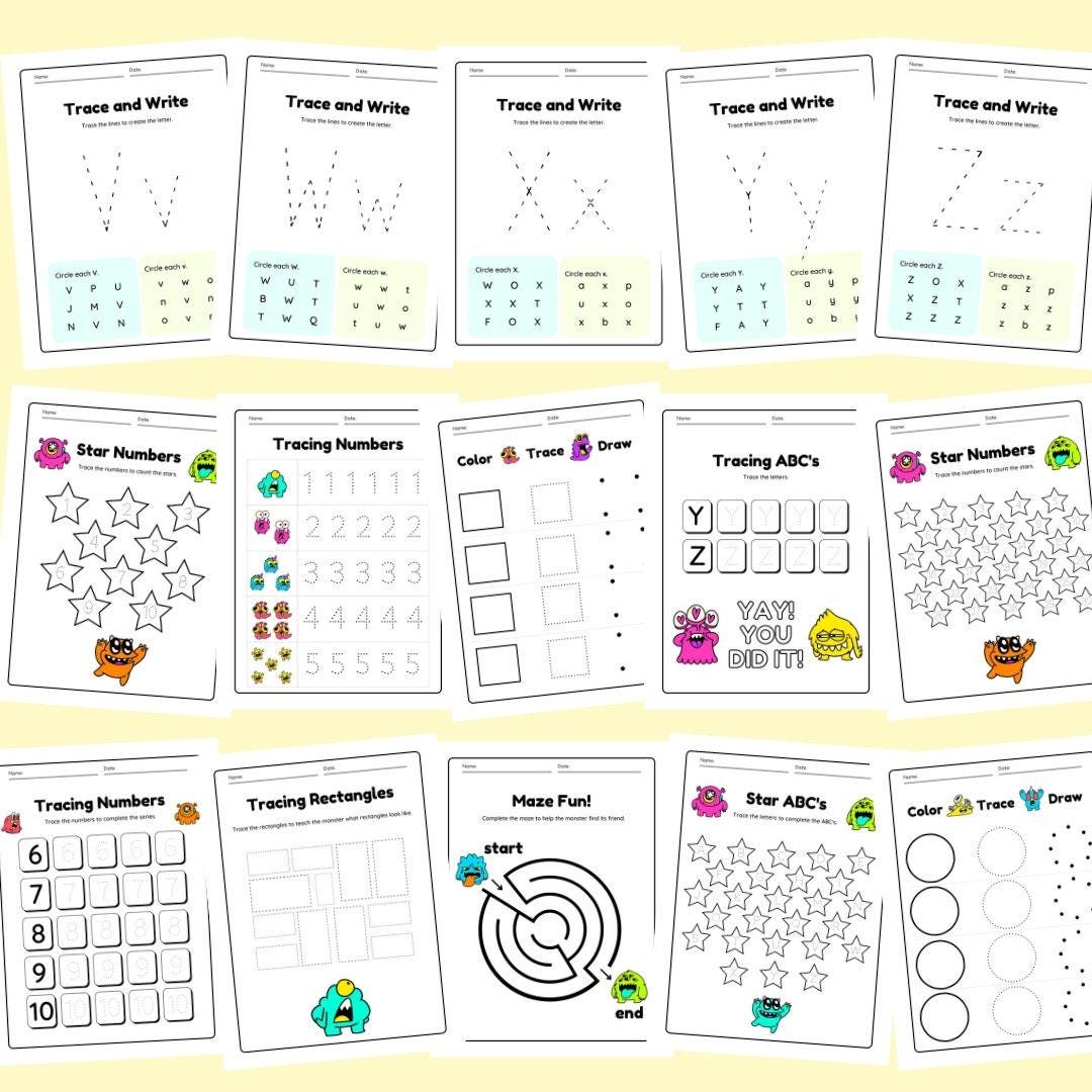 100 Printable Activity Alphabet Letter Numbers Shapes Tracing Bundling ...