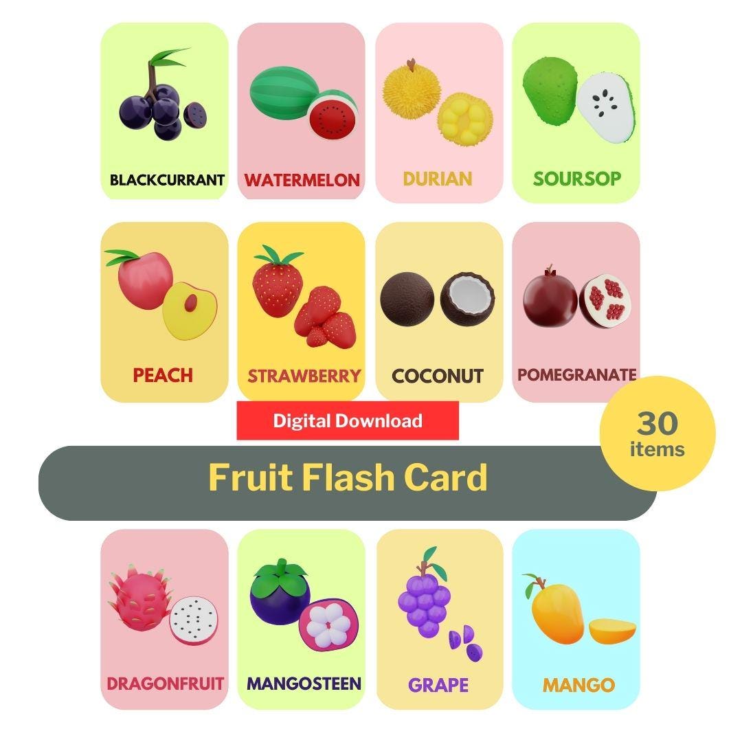 30 Printable Fruit Flash Cards Digital Fun Educational Preschool ...