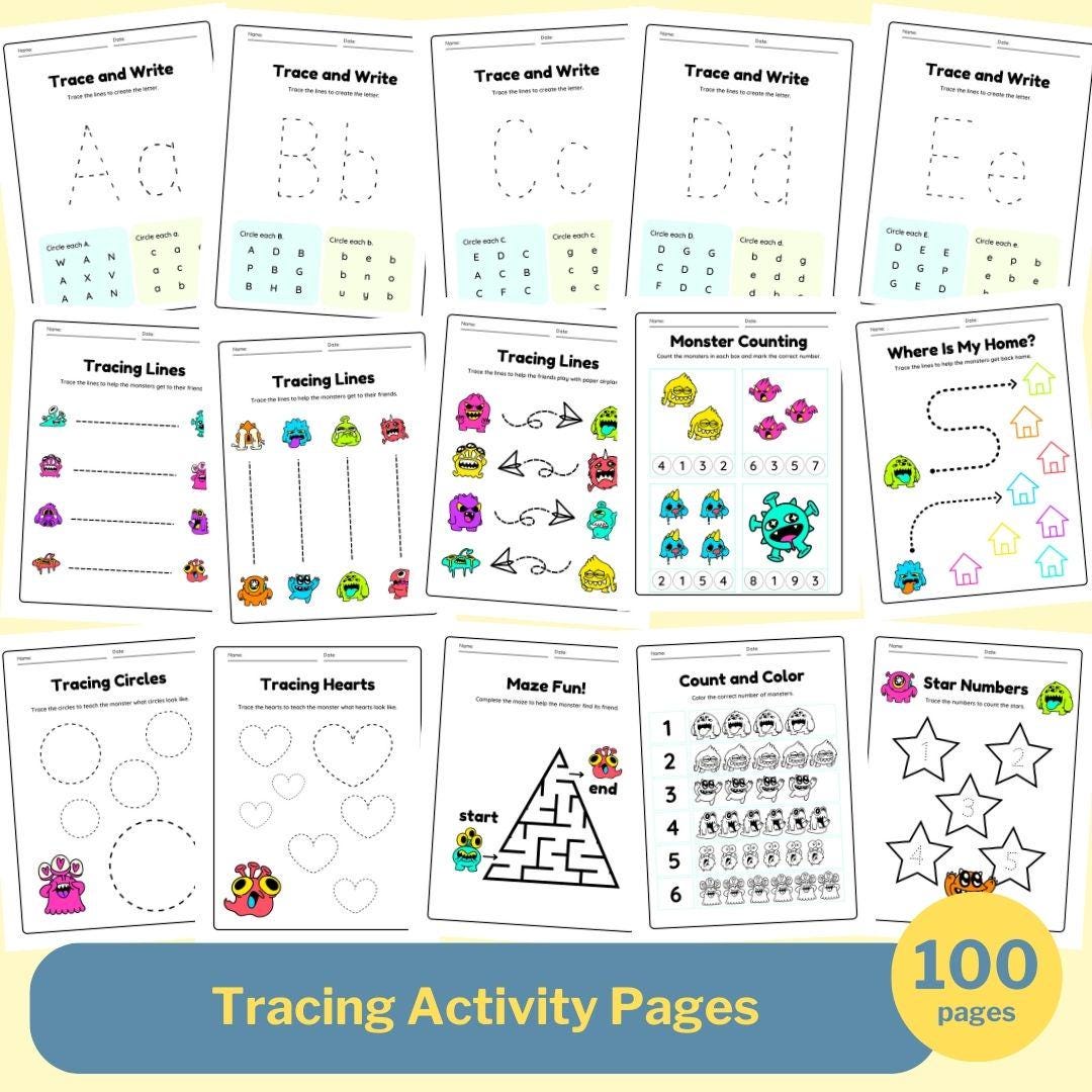 100 Printable Activity Alphabet Letter Numbers Shapes Tracing Bundling ...
