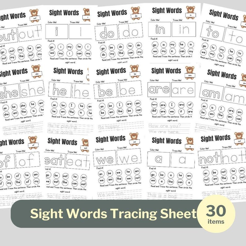 30 Sight Words Tracing Worksheets: Preschool Learning (PDF) - Etsy