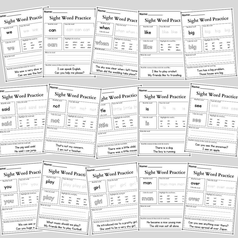 Sight Words Tracing Worksheets: Preschool Educational Activity (PDF) - Etsy