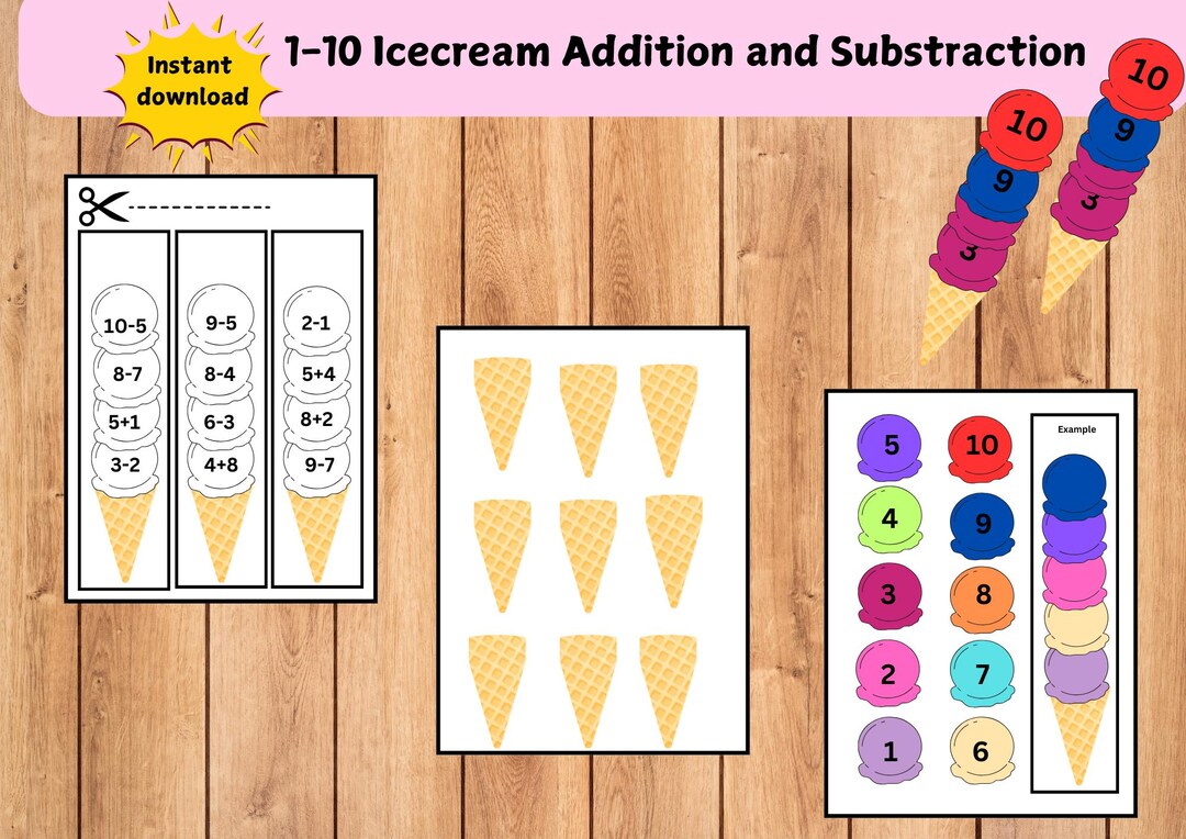 Ice Cream Addition and Subtraction Practice Sheets, Math Activities ...