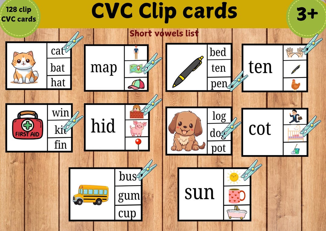 CVC Words Matching Clip Cards Activities, CVC Cards, Matching, Learning ...