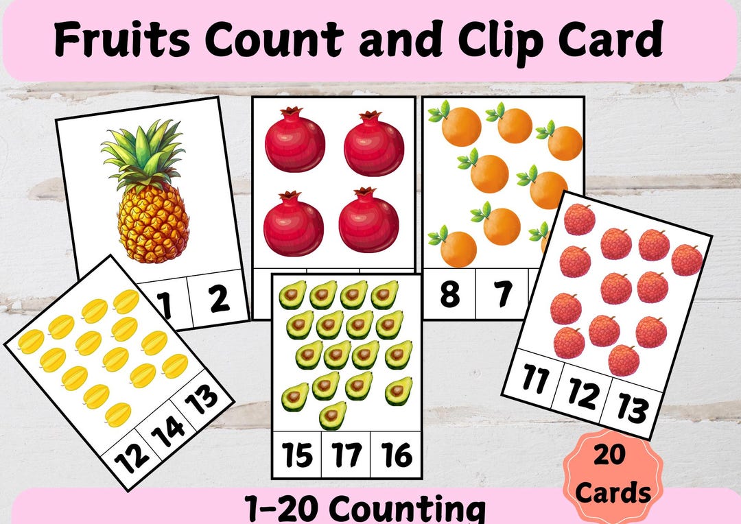 Fruit Count and Clip Cards, Numbers 1-20, Counting Cards, Flashcards ...