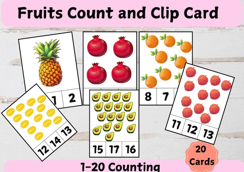 Fruit Count and Clip Cards, Numbers 1-20, Counting Cards, Flashcards ...