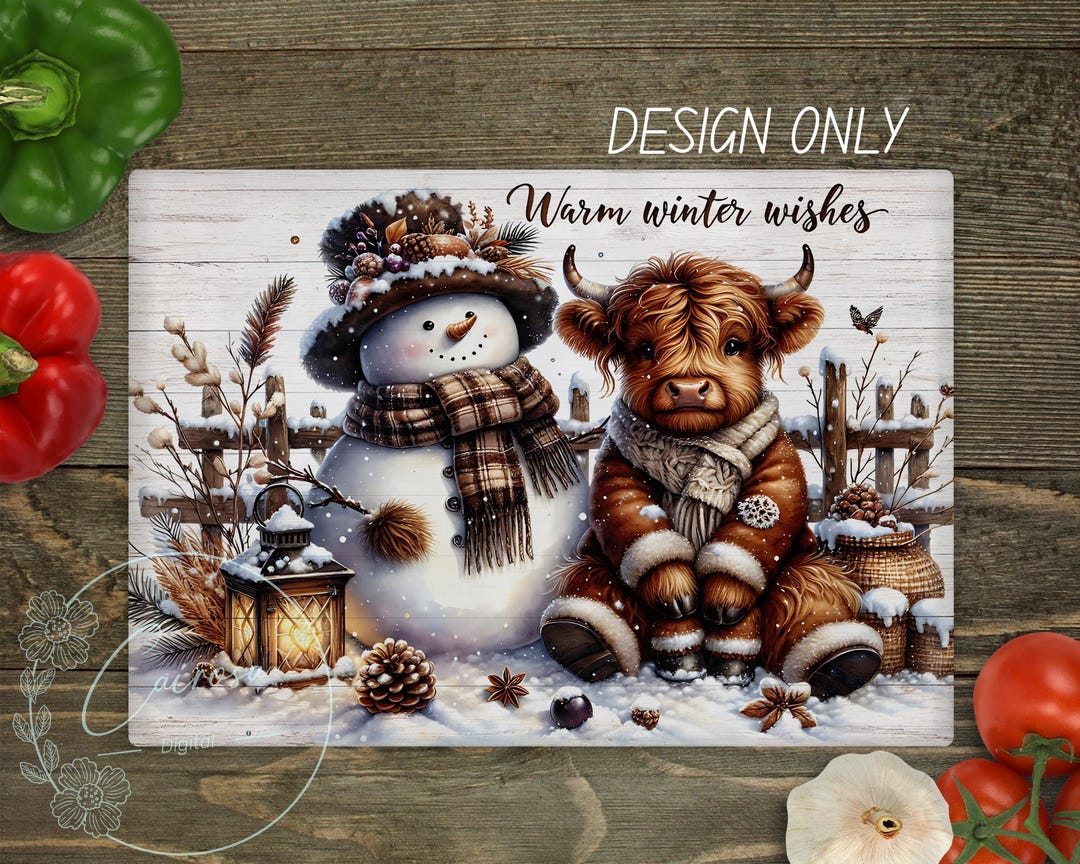 Christmas Highland Cow & Snowman Cutting Board PNG - Etsy