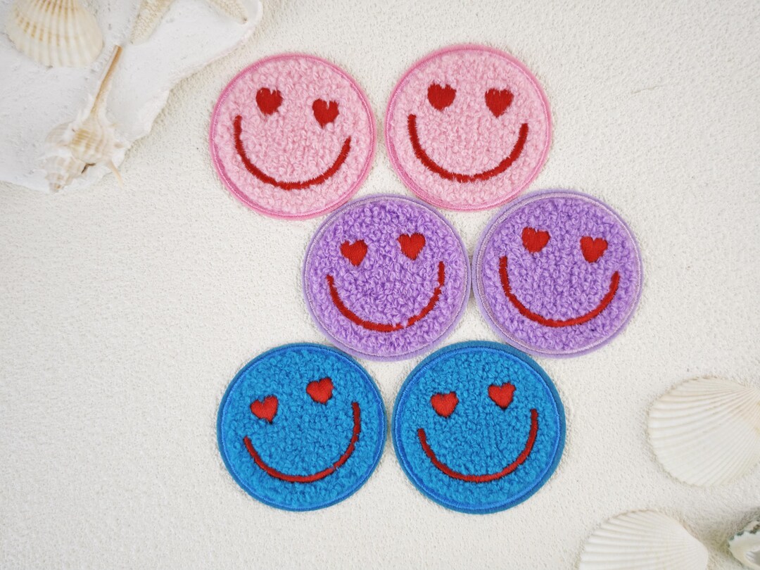 Heart Eyes Smiley Face Chenille Patch, Colorful Iron on Happy Face ...