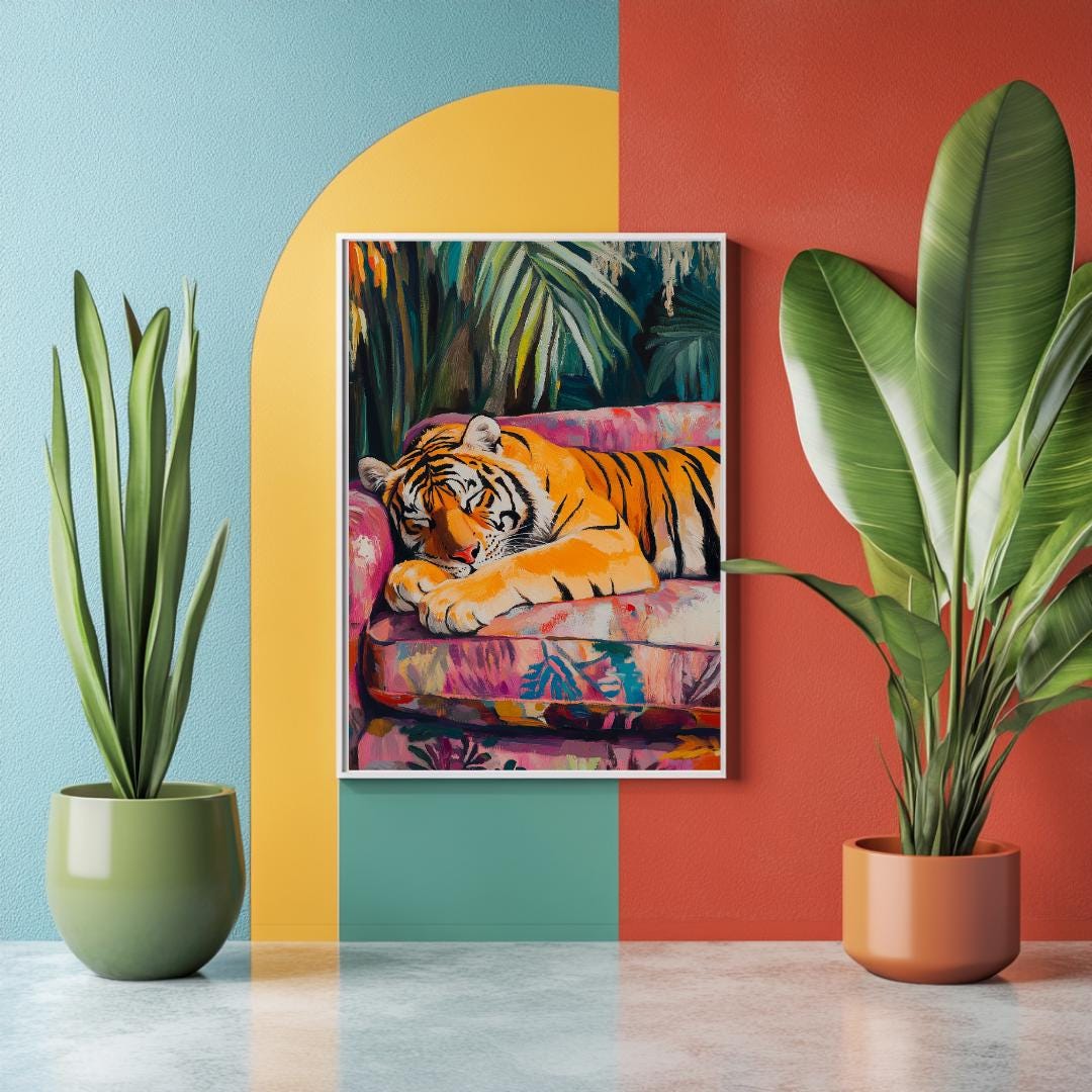 Tiger Sleeping on Sofa Wall Art, Maximalist Digital Download, Dopamine ...