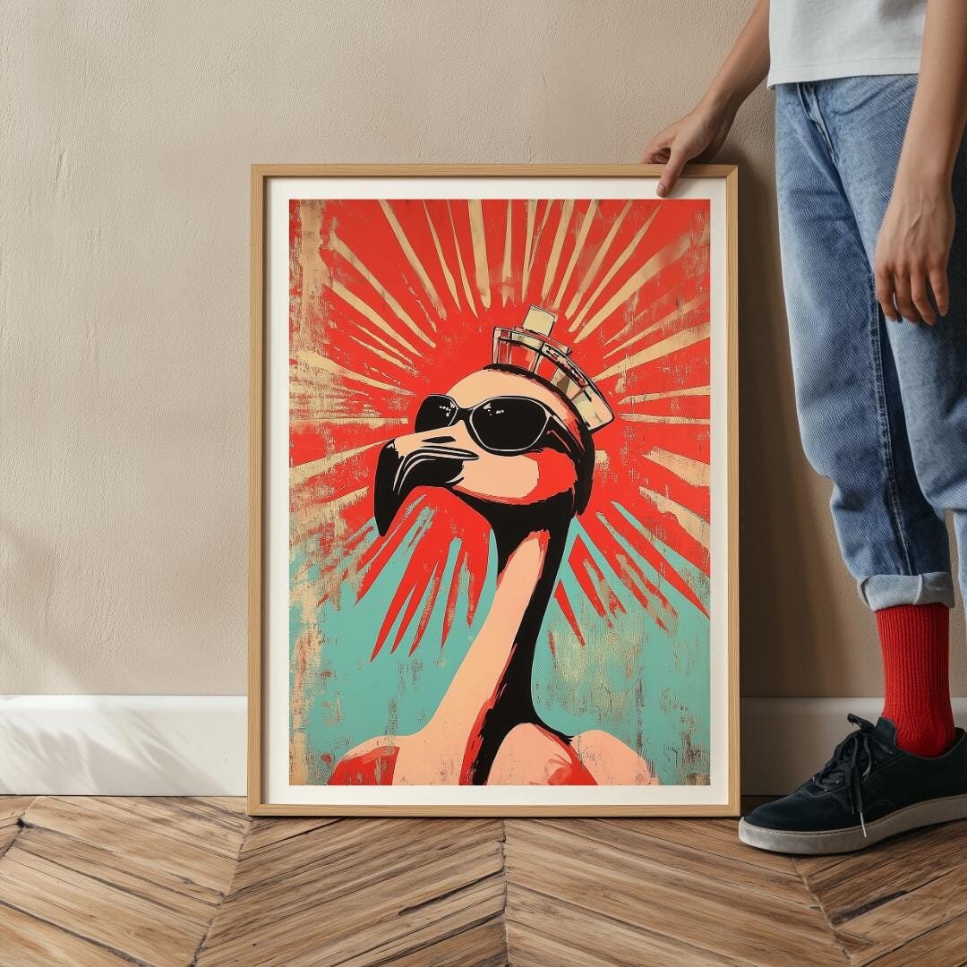Retro Flamingo Wearing Glasses Art Print, 70s Aesthetic Wall Decor ...