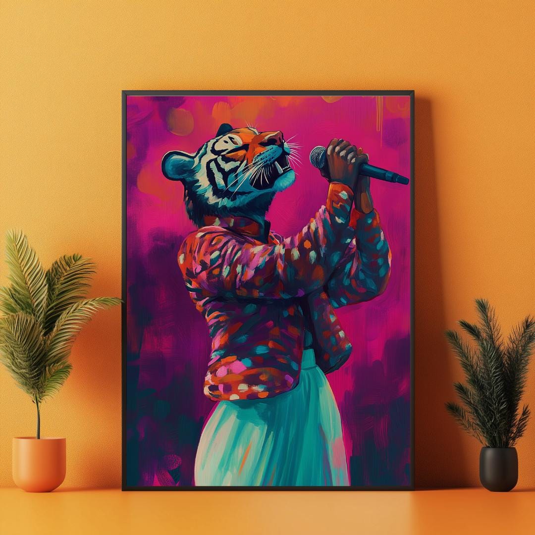 Singer Tiger Wall Art | Illustrated Tiger Singing Print | Maximalist ...