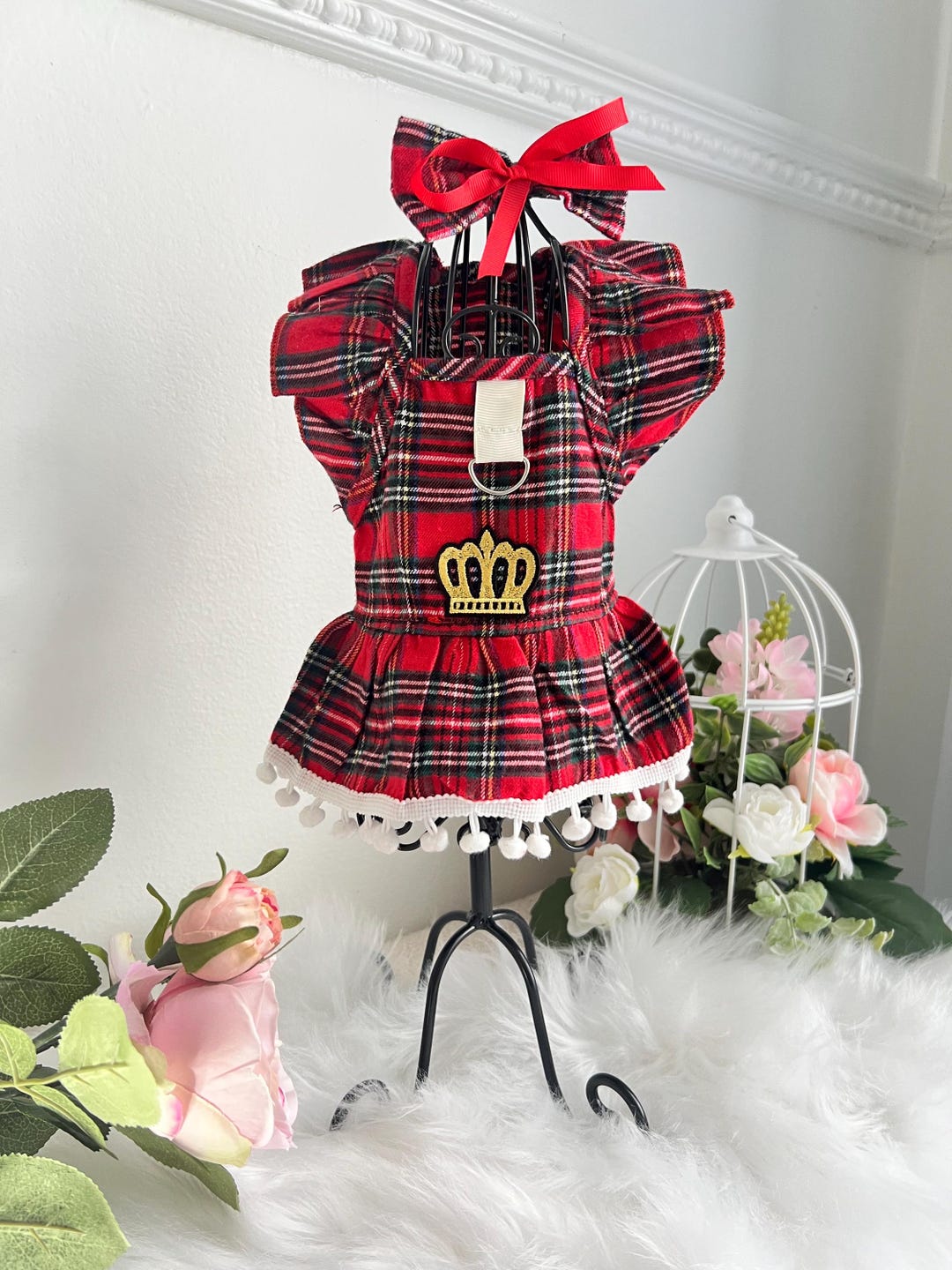 Chic Canine Attire: Red Checkered Dog Dress & Elegant Bow, Dress for ...